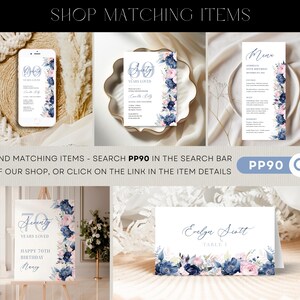 Navy and Pink Floral Menu Printable Template, Modern Blue Flowers ...