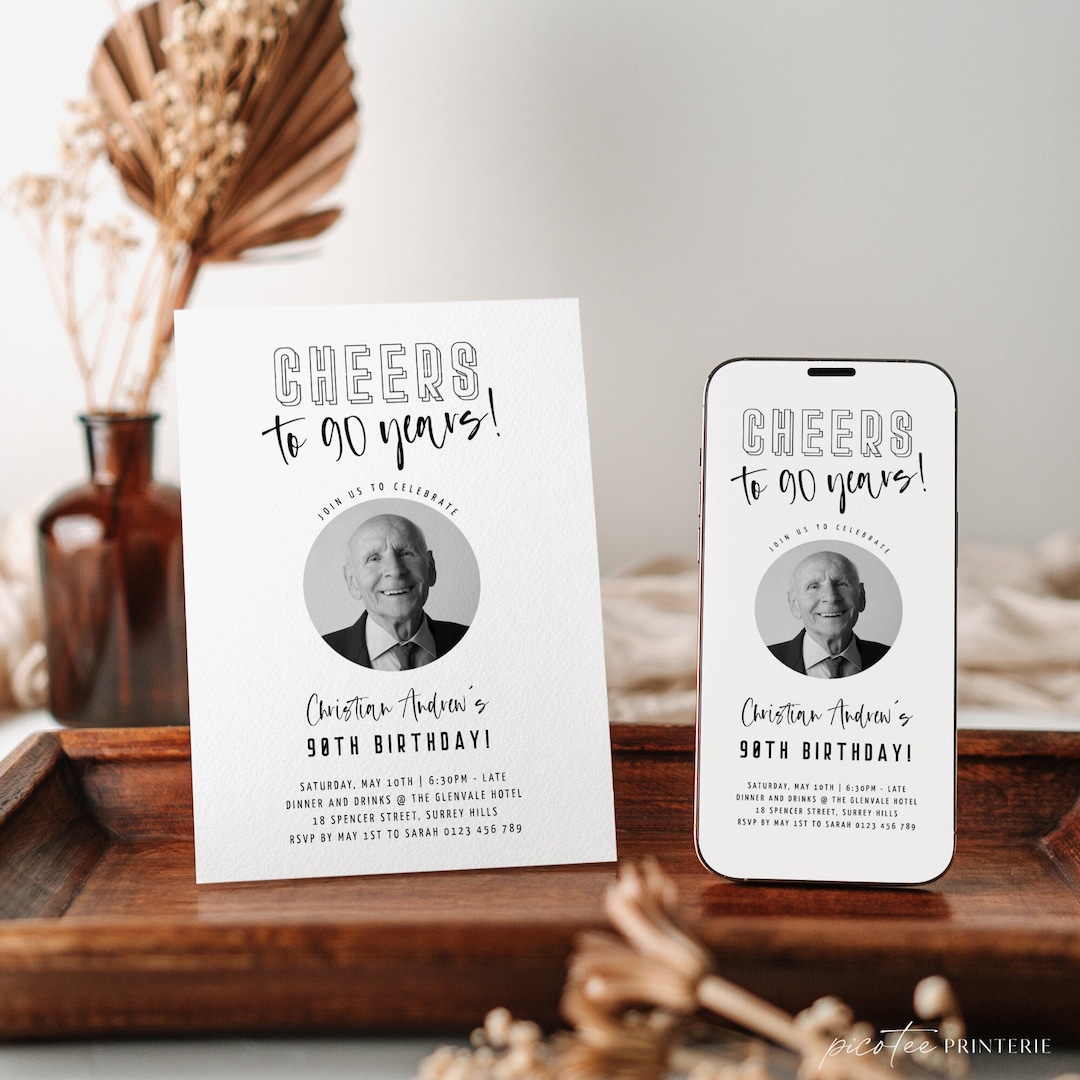 Men 90th Birthday Invitation Printable, Cheers to 90 Years Invite With ...