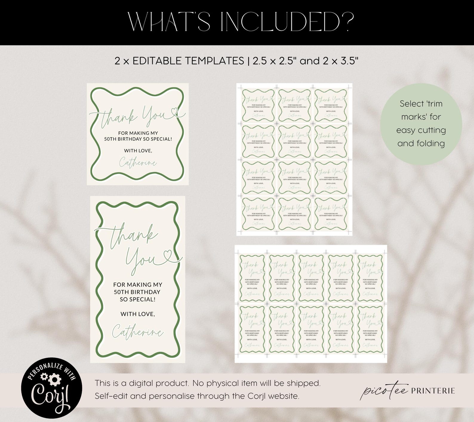 Wavy Thank You Birthday Gift Tag Printable, Green Scallop Printable ...
