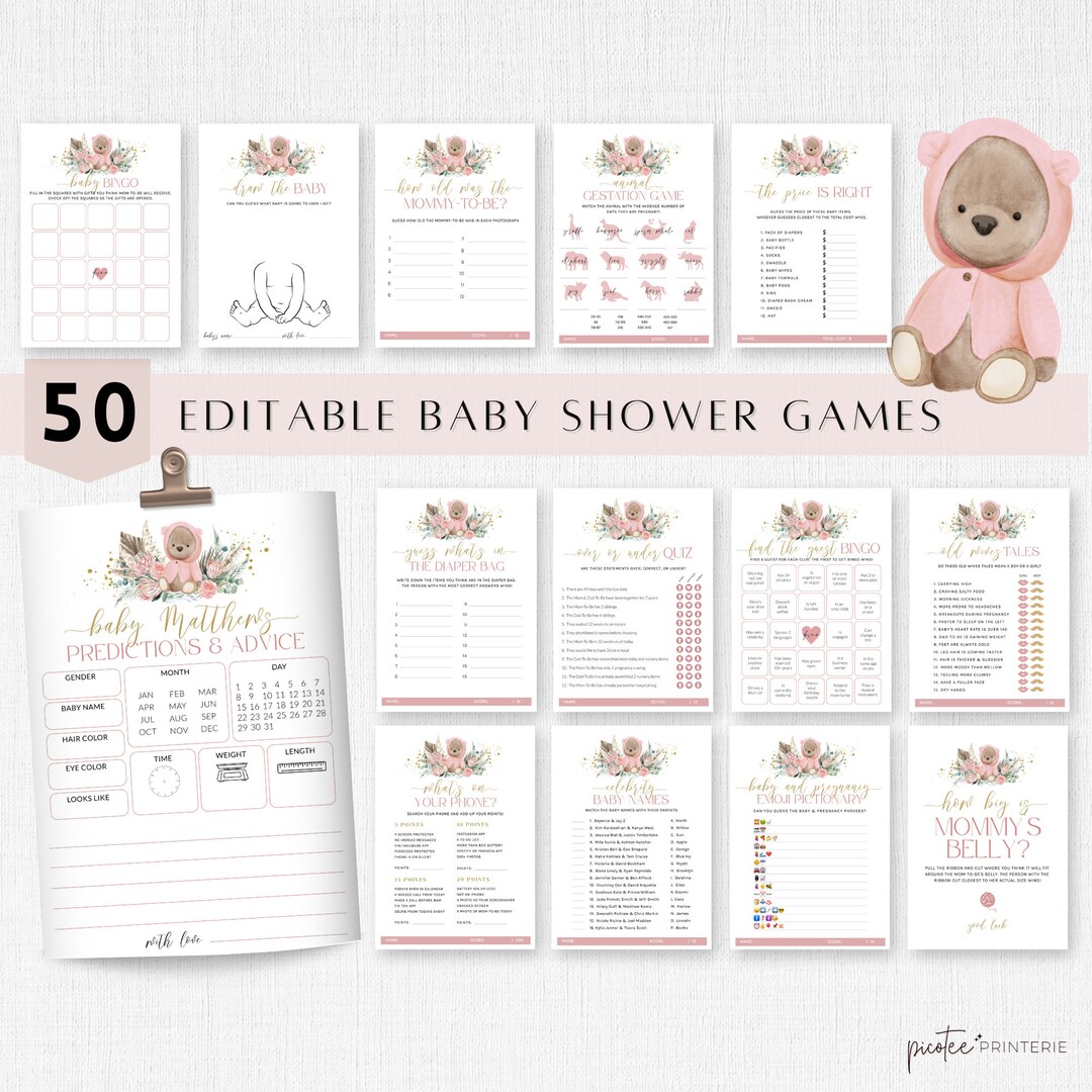 Editable Bear Baby Shower Games Bundle, Boho Baby Games Printable, Pink ...