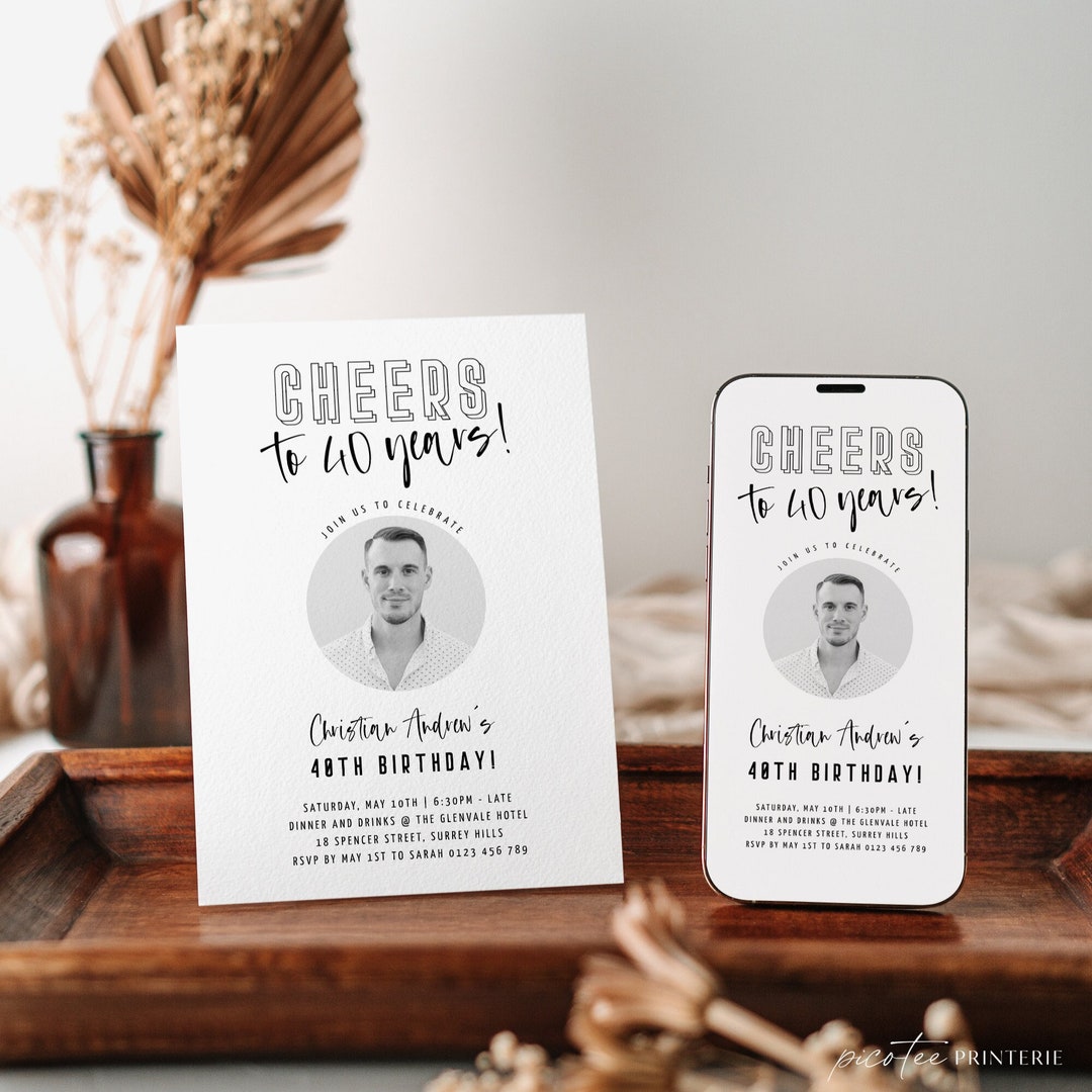 Cheers to 40 Years Invitation Printable, Mens 40th Birthday Invite With ...