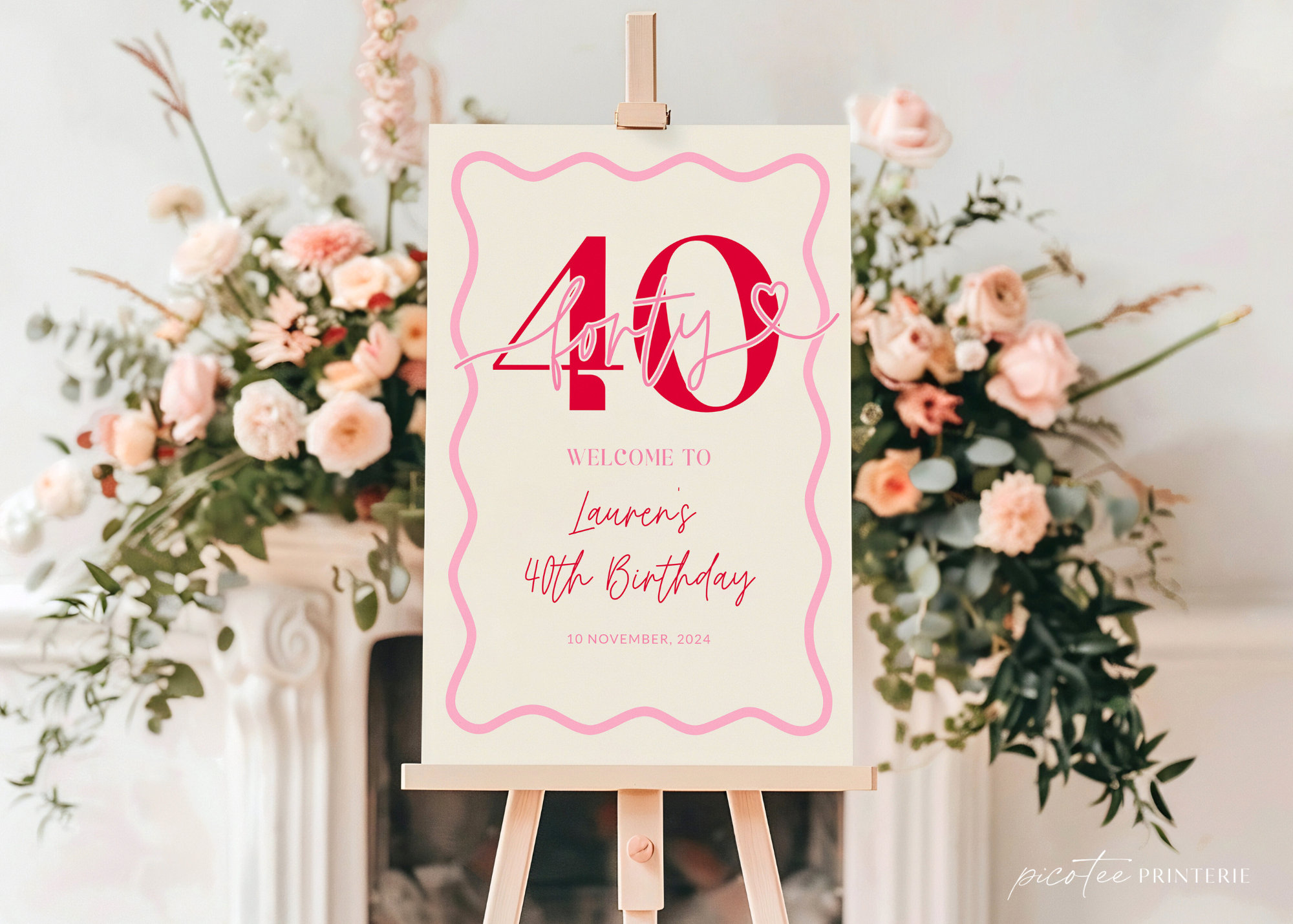 Wavy Border Welcome Sign 40th Birthday Women, Pink Red Scalloped 40th ...