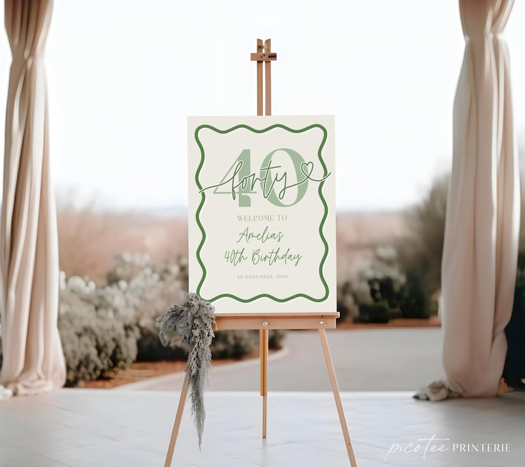 Green Wavy Welcome Sign 40th Birthday Template, Sage Scalloped 40 ...