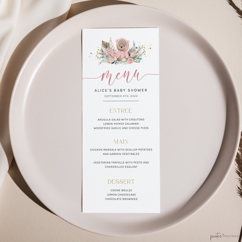 Bear Baby Shower Menu Template Boho Editable Menu Card Teddy - Etsy