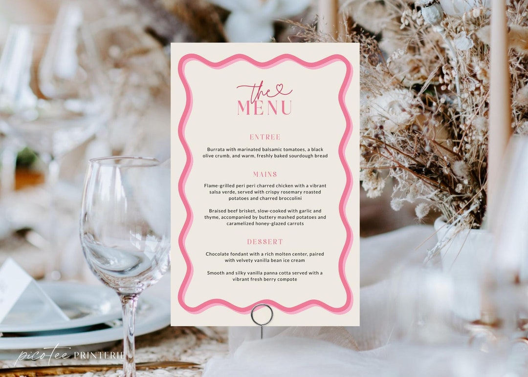 Pink Wavy Menu Card Template, Modern Scalloped Birthday Bridal Wedding ...