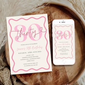 Pink Wavy Border 30th Birthday Invitation Women, Modern Scalloped 30th ...