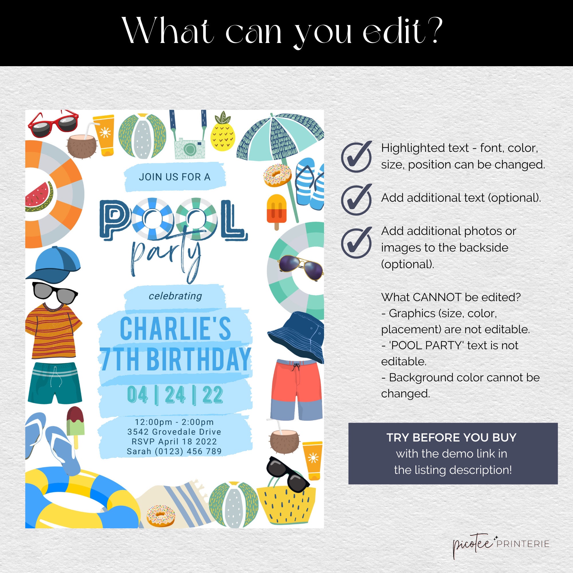 Pool Party Invitation 7th Birthday, Editable Template, Boys Seventh ...