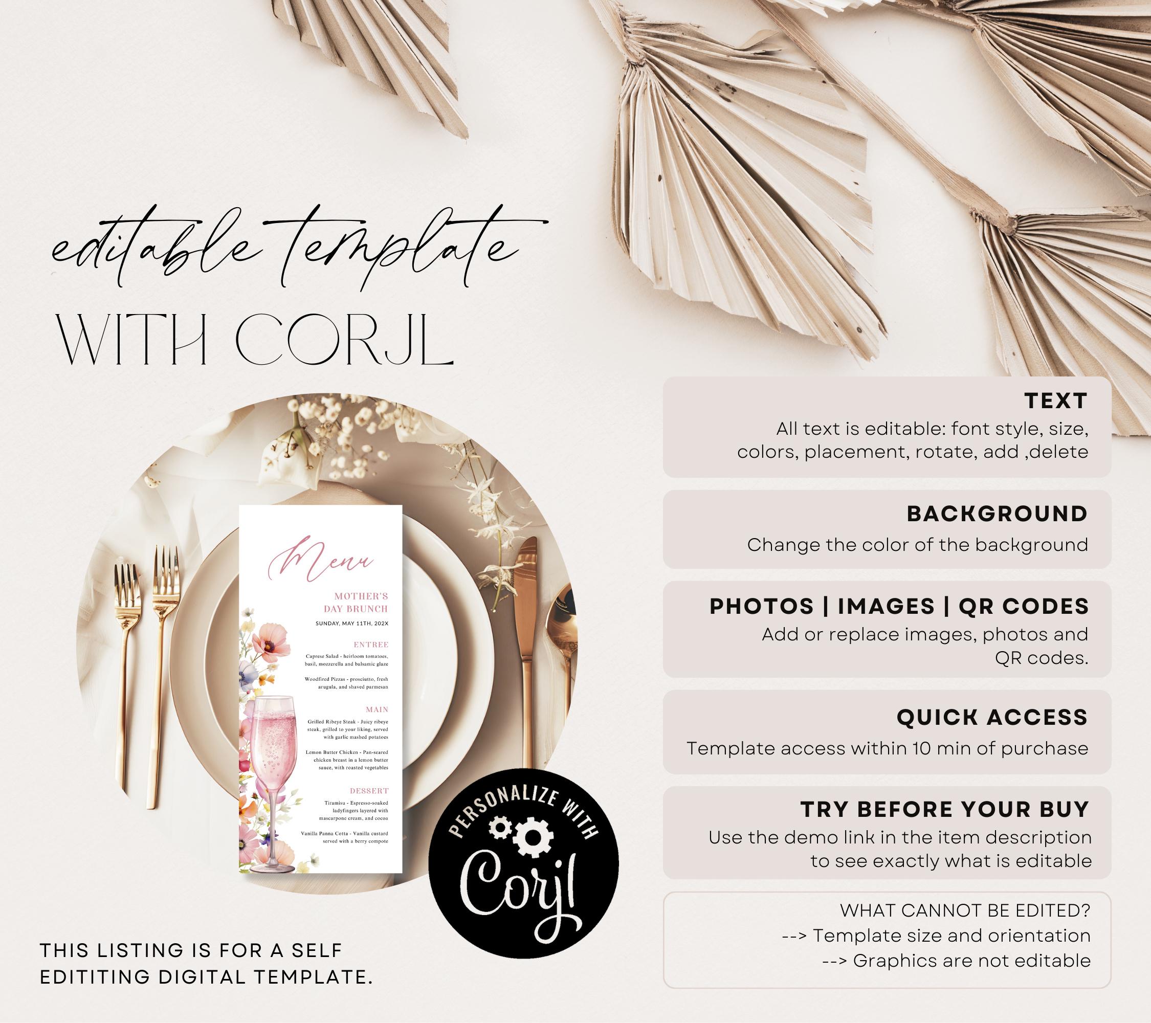 Wildflower Mother's Day Menu Card Printable Template, Floral Mimosa ...