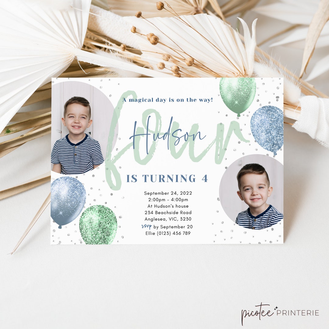 4th Birthday Party Invitation With Photo, Boys Fourth Birthday Editable ...