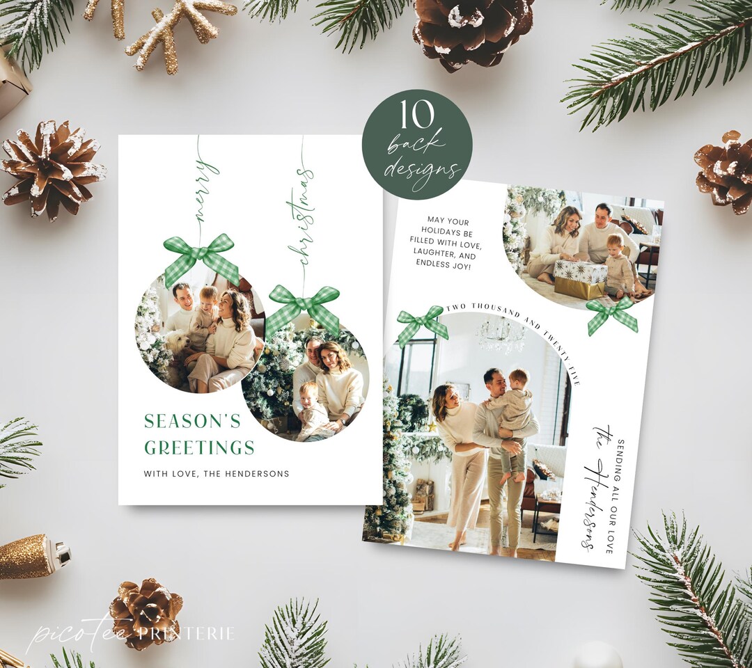 Christmas Bauble Card Photo Template, Green Bow Family Holiday Collage ...