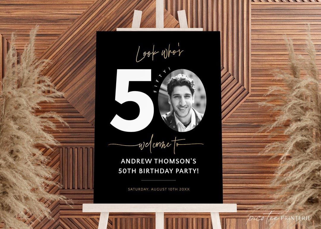 Look Who's 50 Welcome Sign With Photo Template, Men's 50 Birthday Party ...