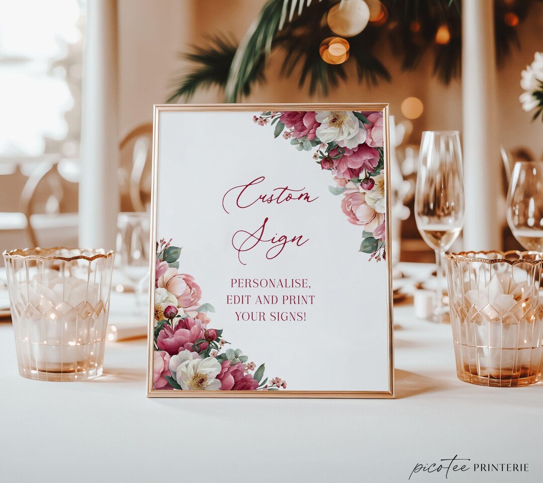 Burgundy Floral Custom Sign Template Women, Food Table Signs, Editable ...