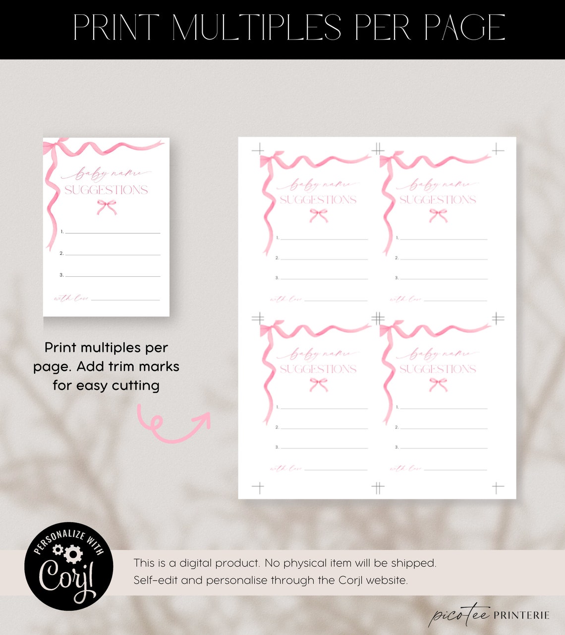 Coquette Pink Bow Baby Name Suggestions Card Template, Printable Girl ...