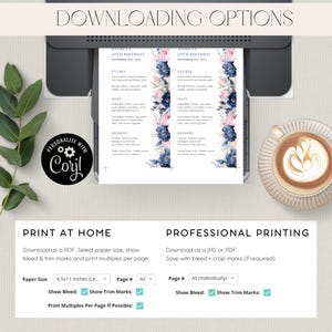 Navy and Pink Floral Menu Printable Template, Modern Blue Flowers ...