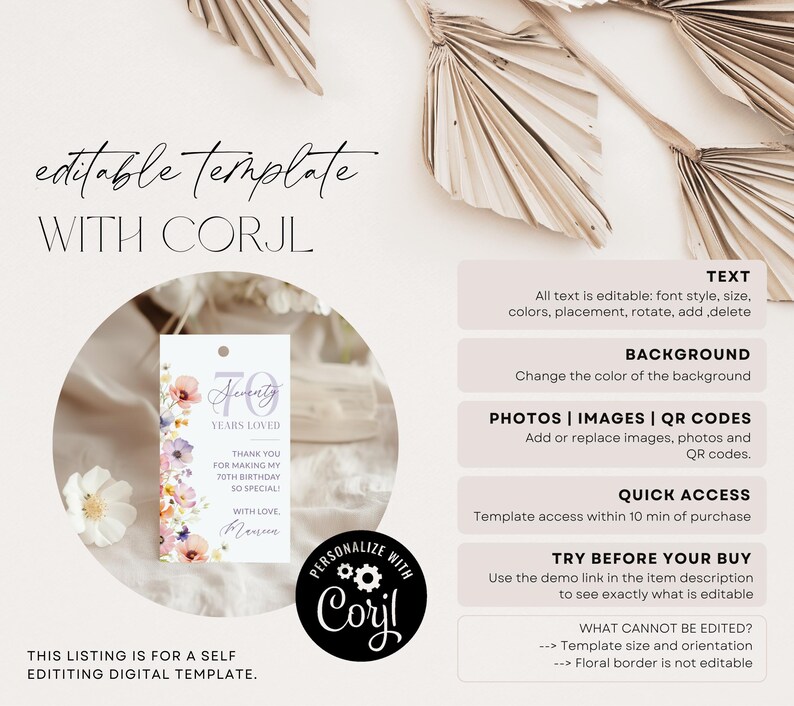 Floral Thank You 70th Birthday Gift Tag Favor Printable, 70 Years Loved ...