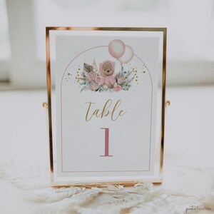 Baby Shower Table Numbers Printable, Pink Teddy Bear, Boho Baby Shower ...