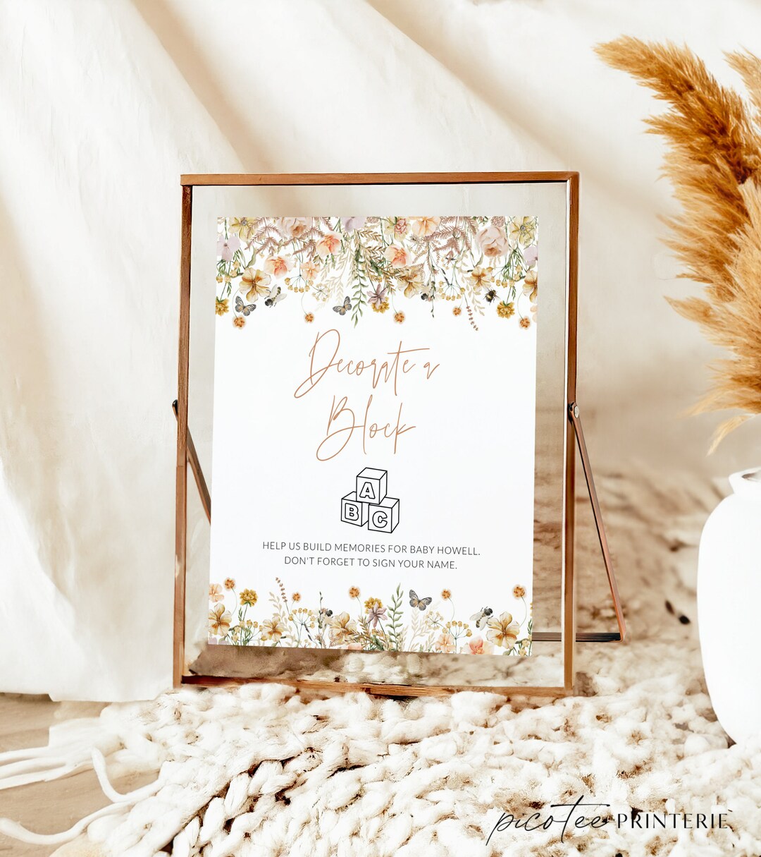 Wildflower Decorate A Block Activity, Floral Baby Shower Sign Printable ...