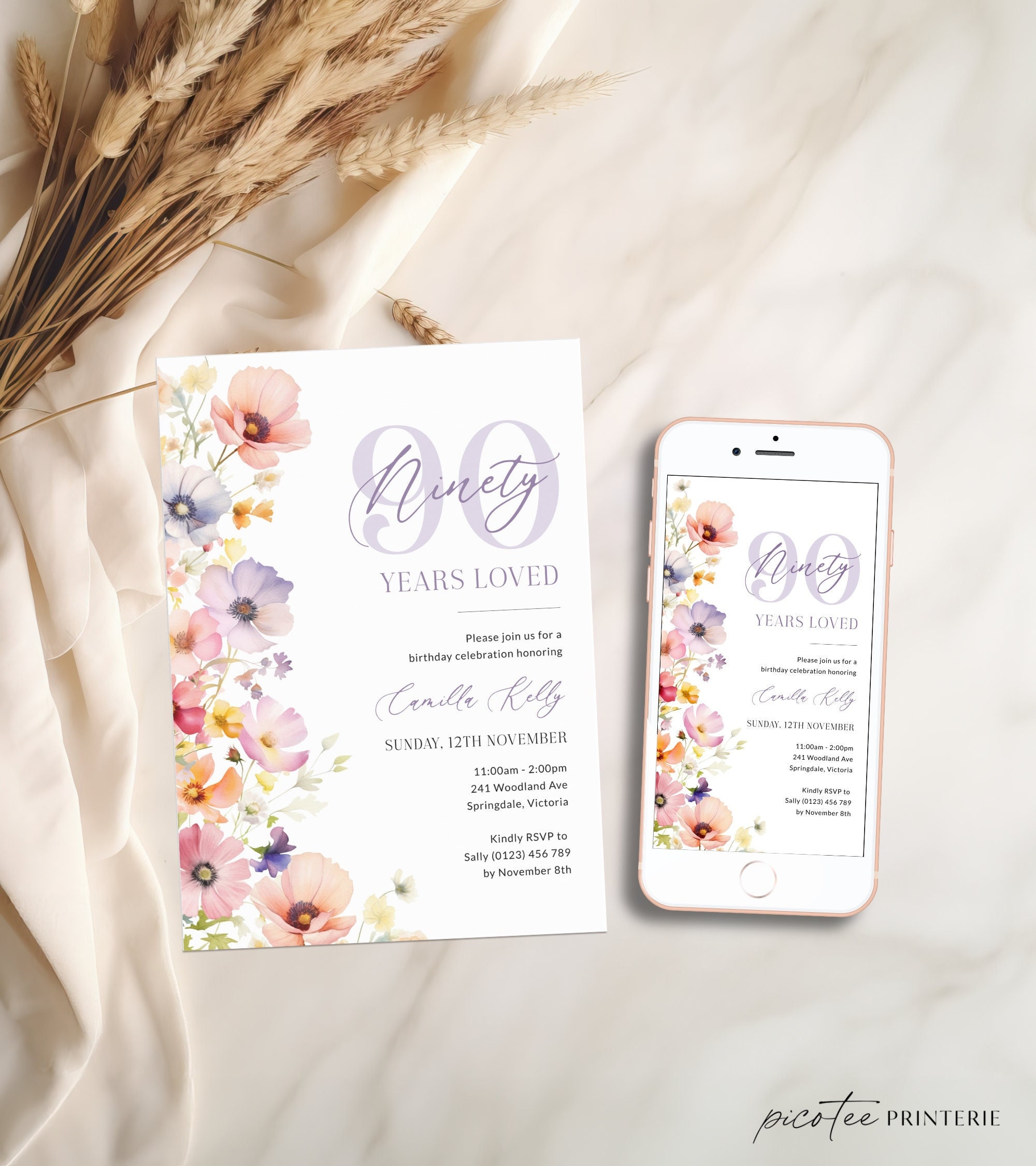 Floral 90 Years Loved Birthday Invitation Template, Wildflower 90th ...