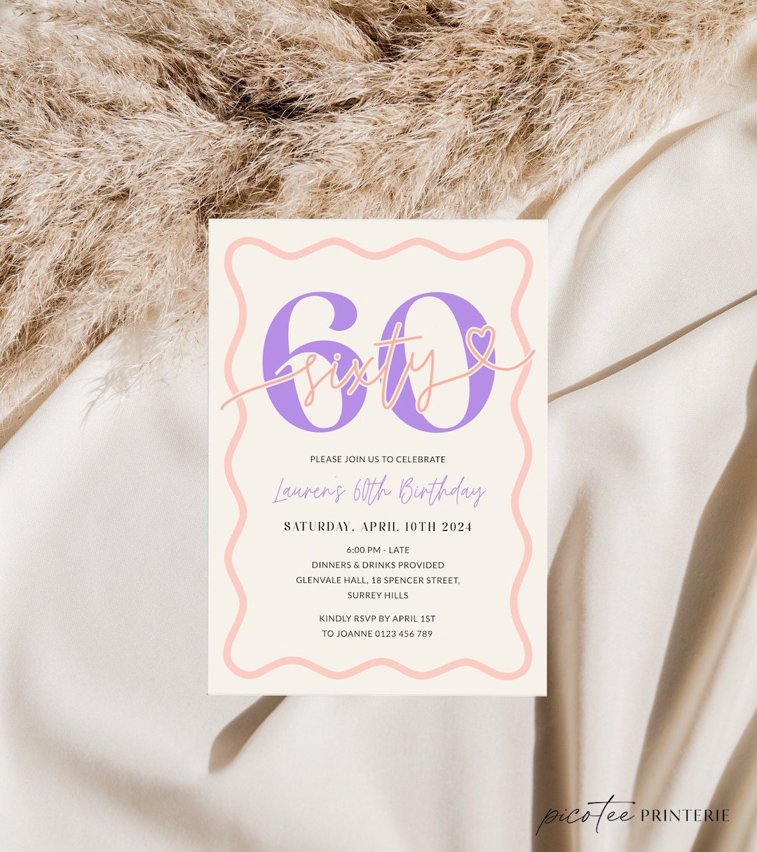 Wavy Border 60th Birthday Invitation Women, Purple Scalloped 60th Party ...