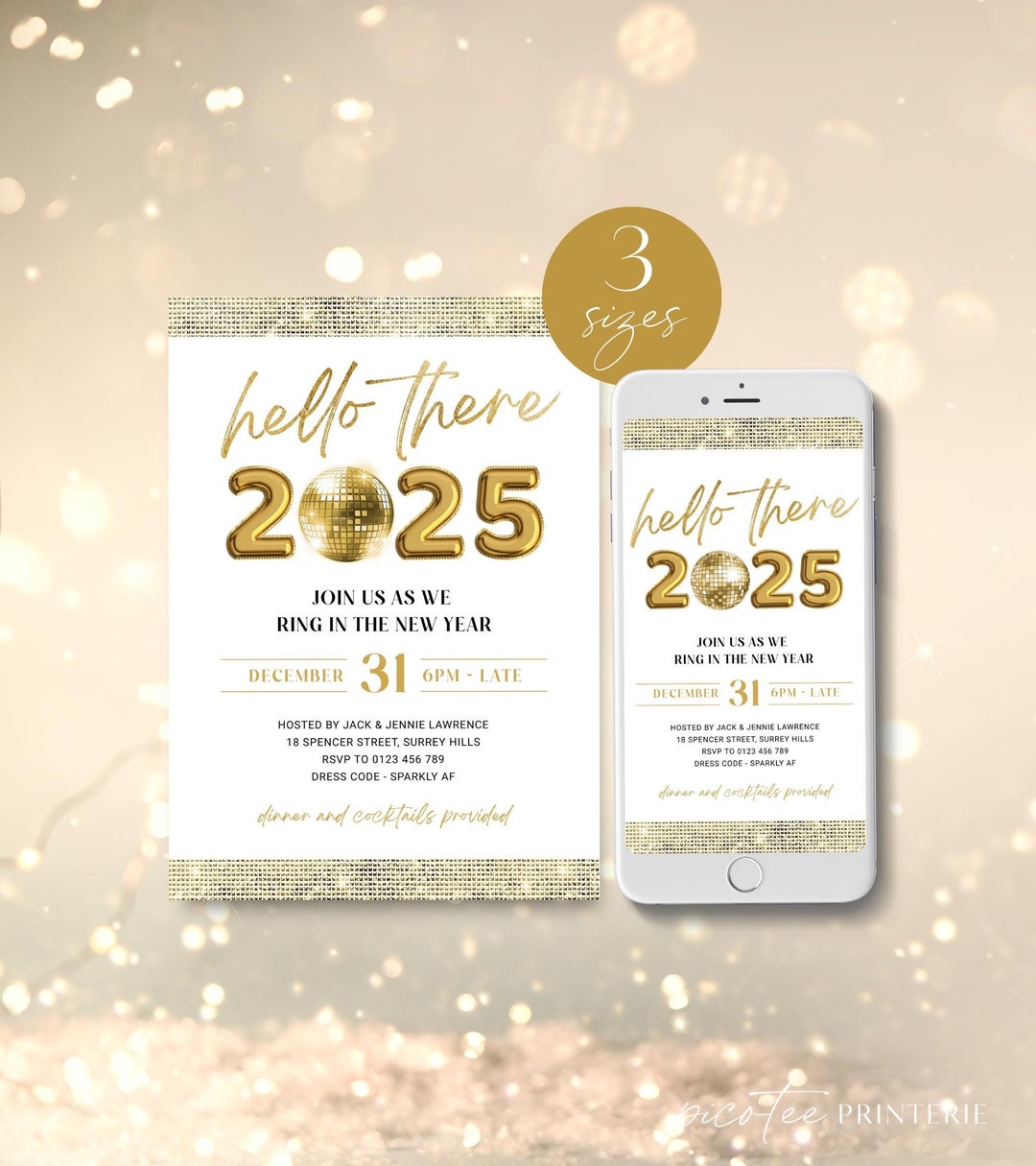 Gold 2025 New Years Eve Invitation Template, Printable Hello There 2025 ...