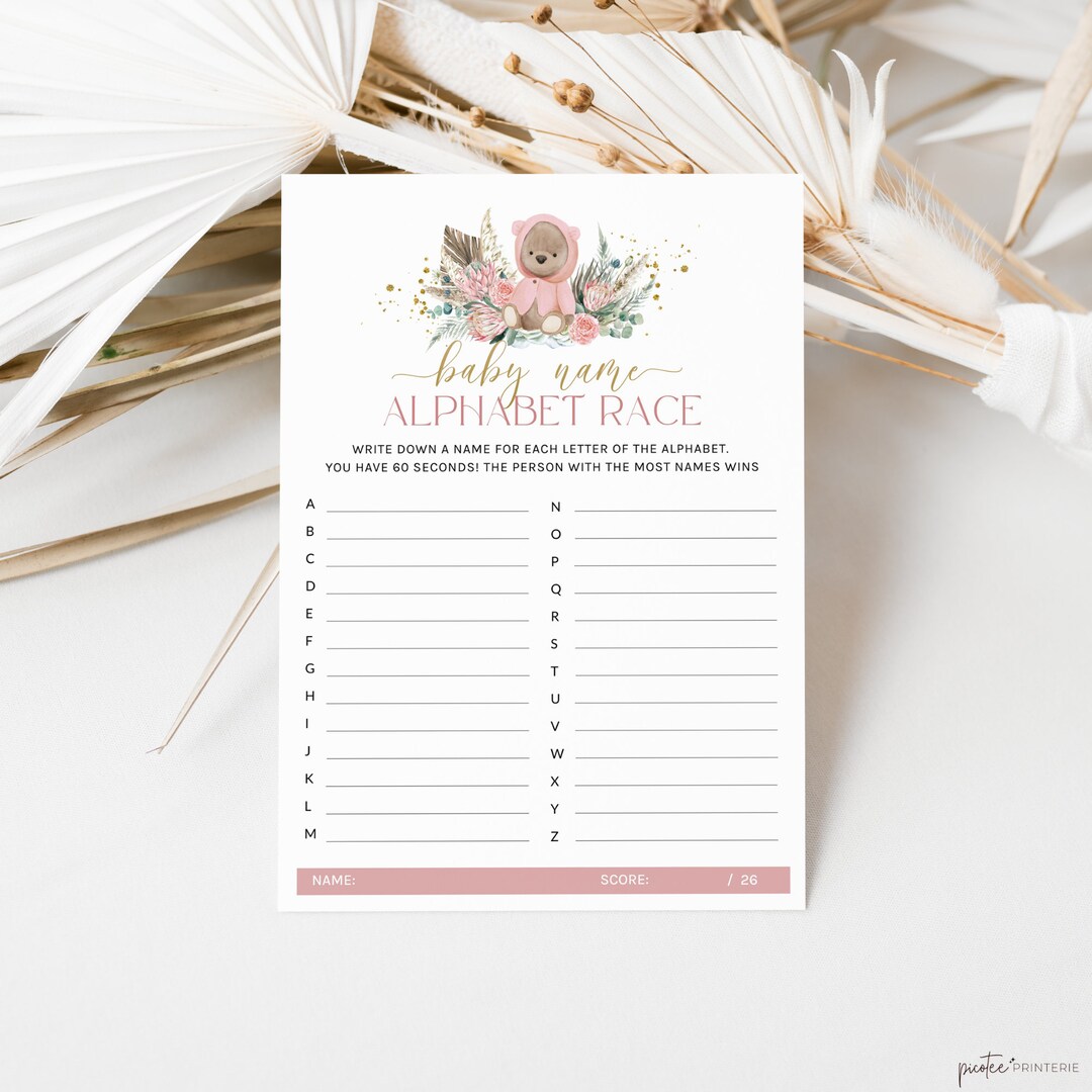 Baby Name Race Game, ABC Name Race Printable, Teddy Bear Theme Baby ...