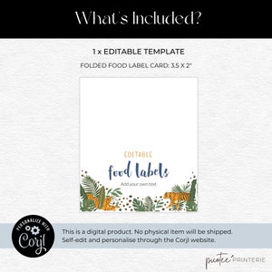 Safari Jungle Buffet Label, Tiger Food Tent Card, Boys Birthday Folded ...