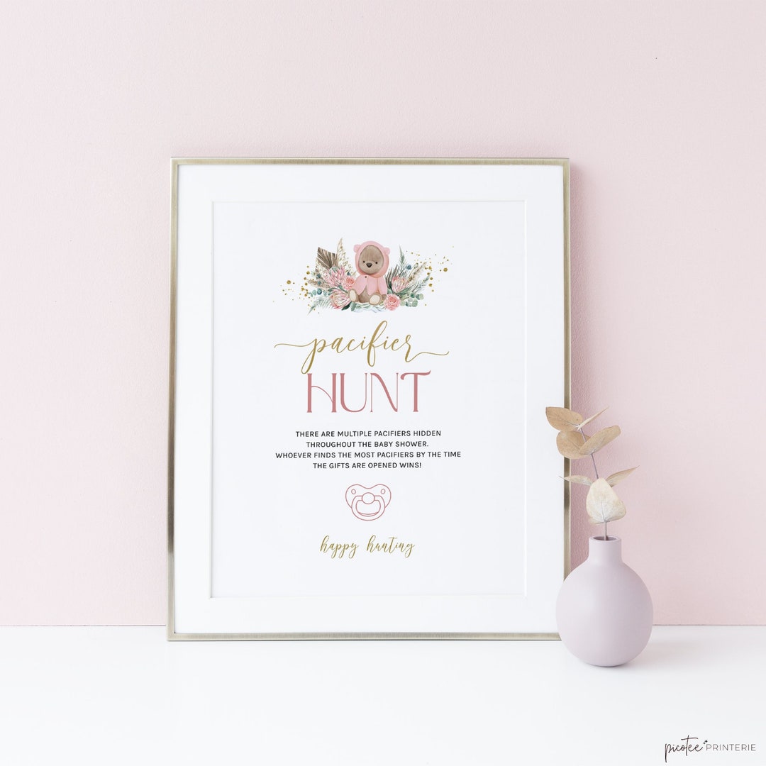 Pacifier Hunt Baby Shower Game, Baby Pacifier Sign Printable, Boho ...