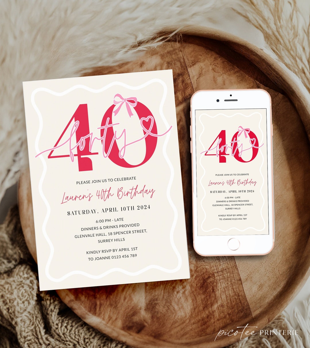Bow Wavy Border 40th Birthday Invitation Women, Modern Scalloped 40th ...