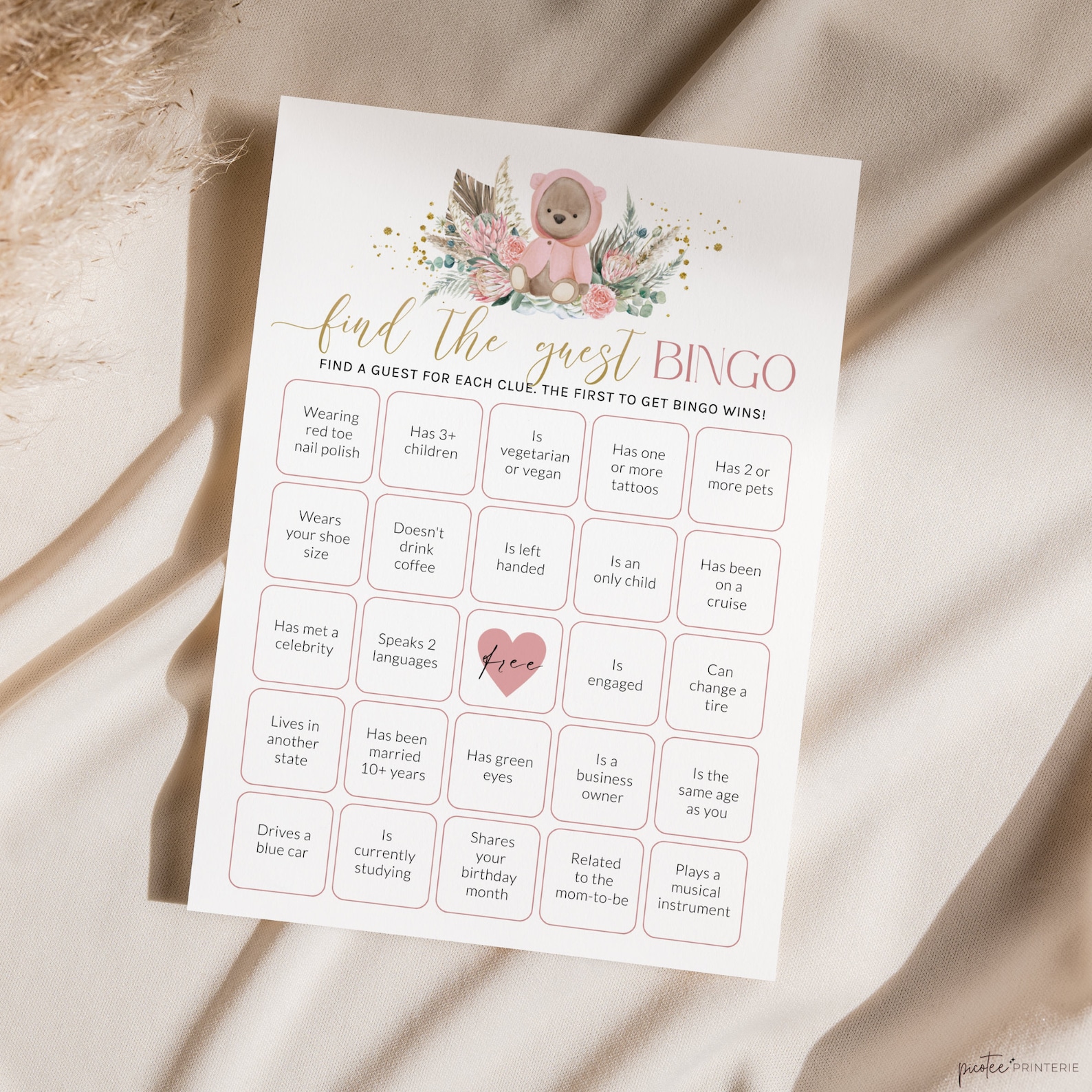 Find the Guest Bingo Baby Shower Game, Teddy Bear Theme Baby Shower ...
