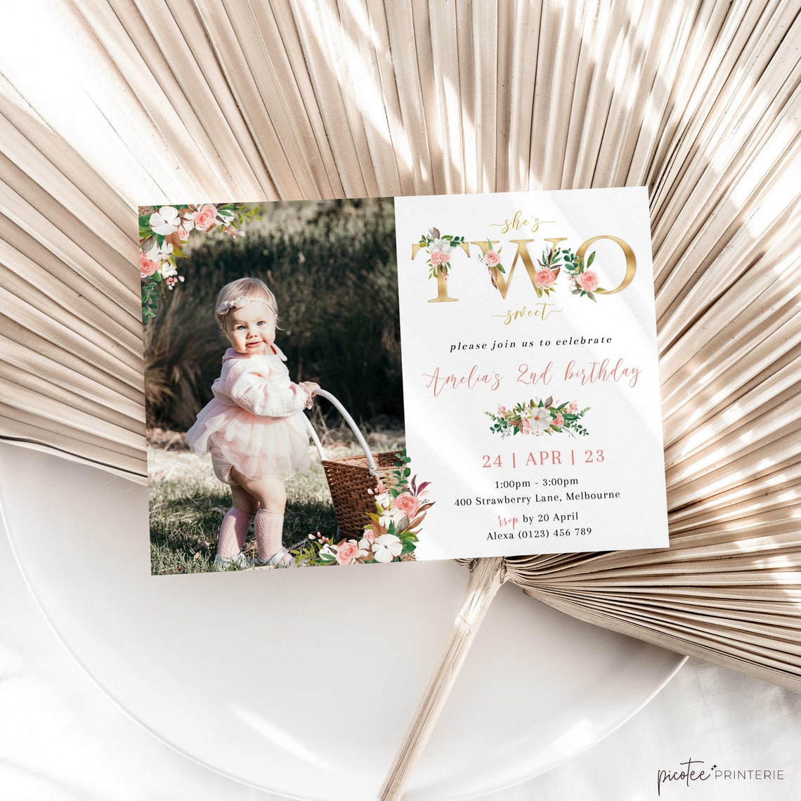 Blush and Gold Floral 2nd Birthday Invitation With Photo. Girls Second ...