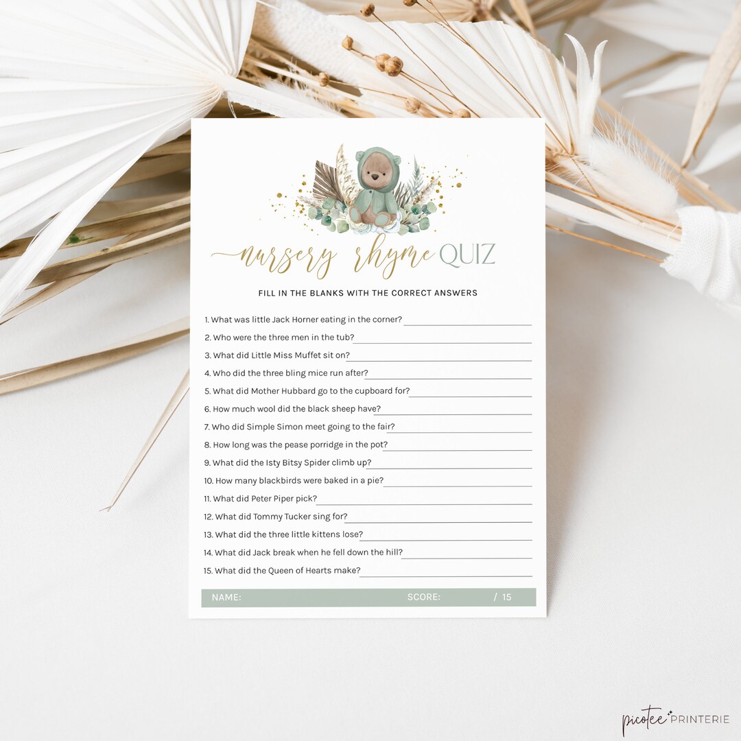 Nursery Rhymes Baby Shower Game, Sage Green Bear, Nursery Rhyme Quiz ...