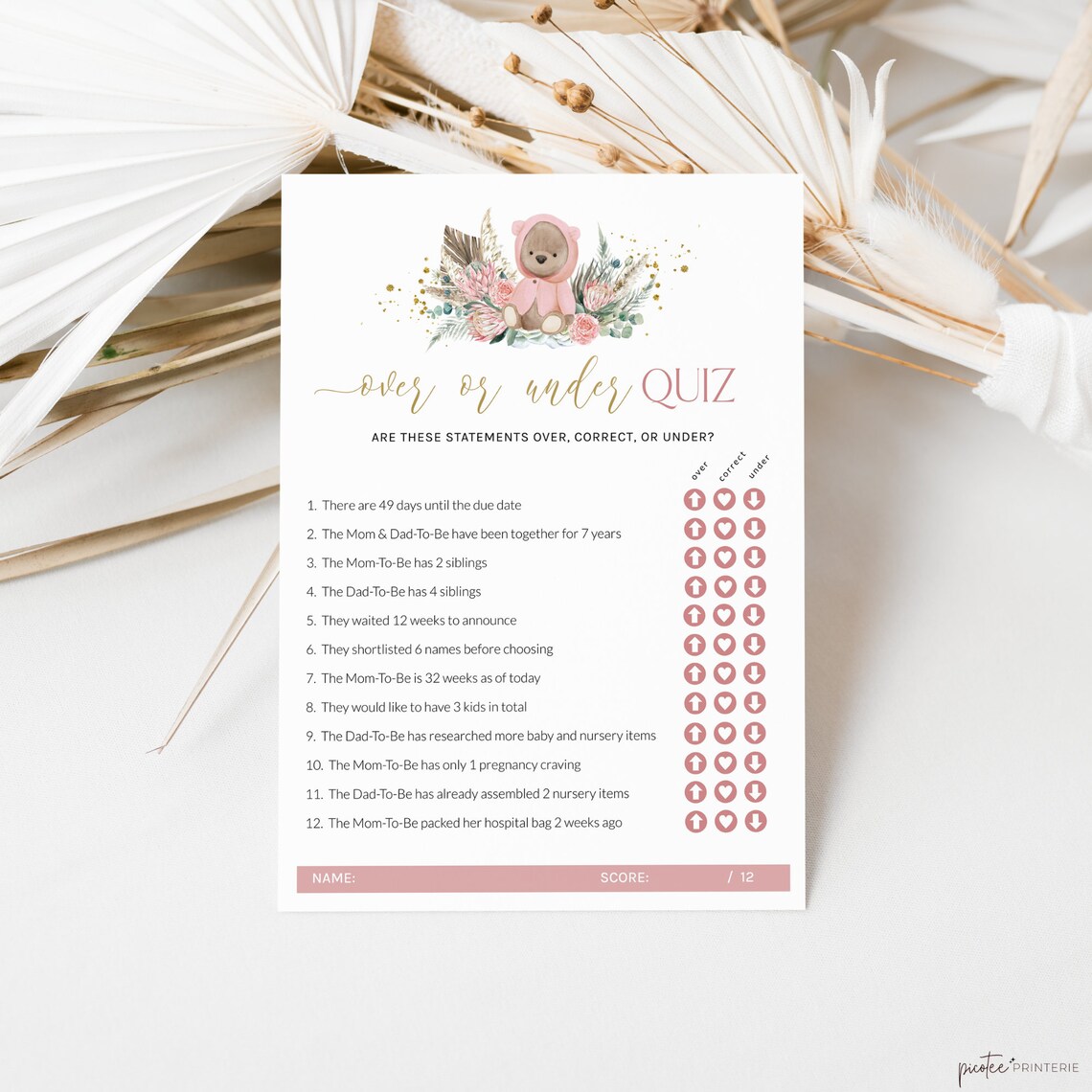 Over or Under Baby Shower Game, Teddy Bear Theme Baby Shower, Printable ...