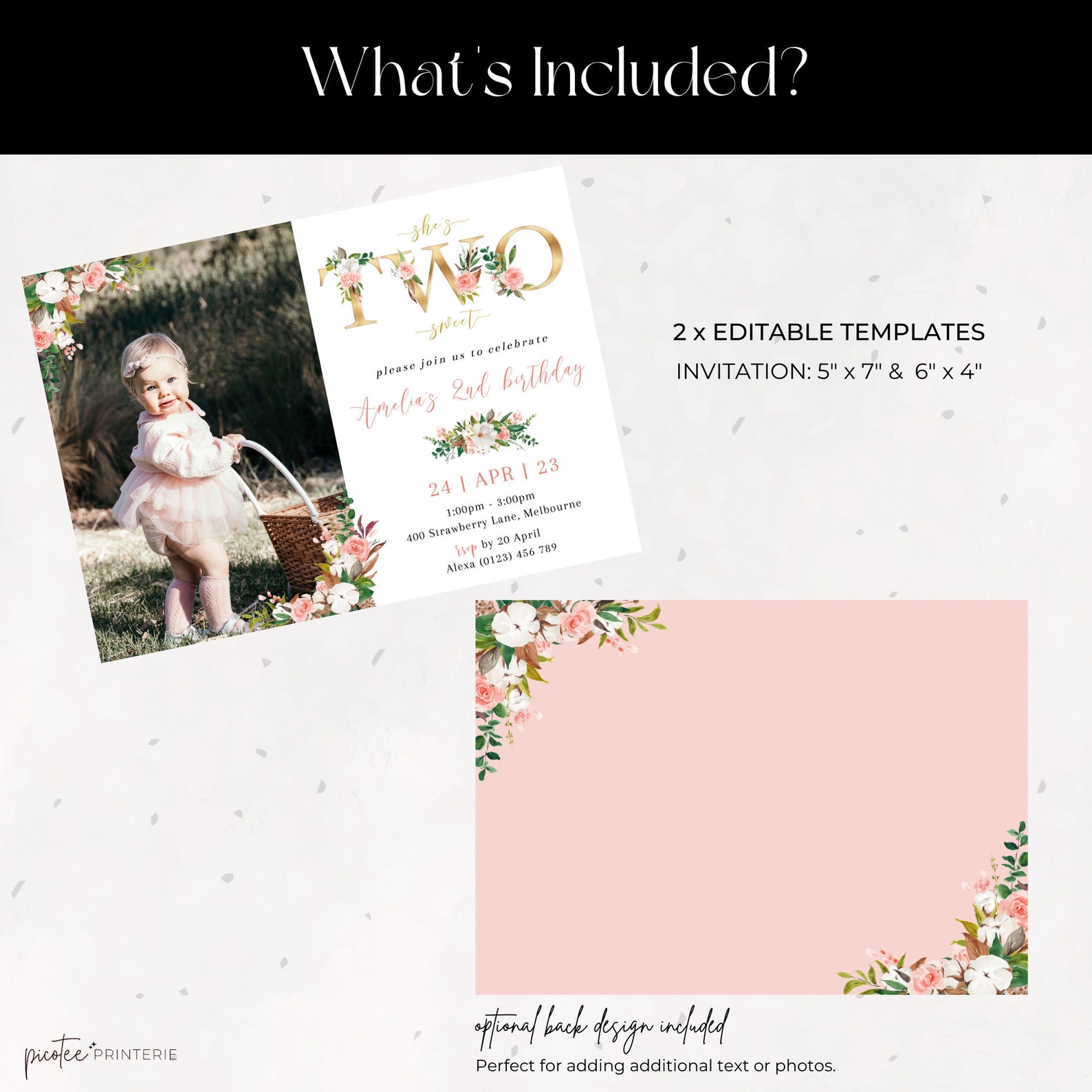Blush and Gold Floral 2nd Birthday Invitation With Photo. Girls Second ...