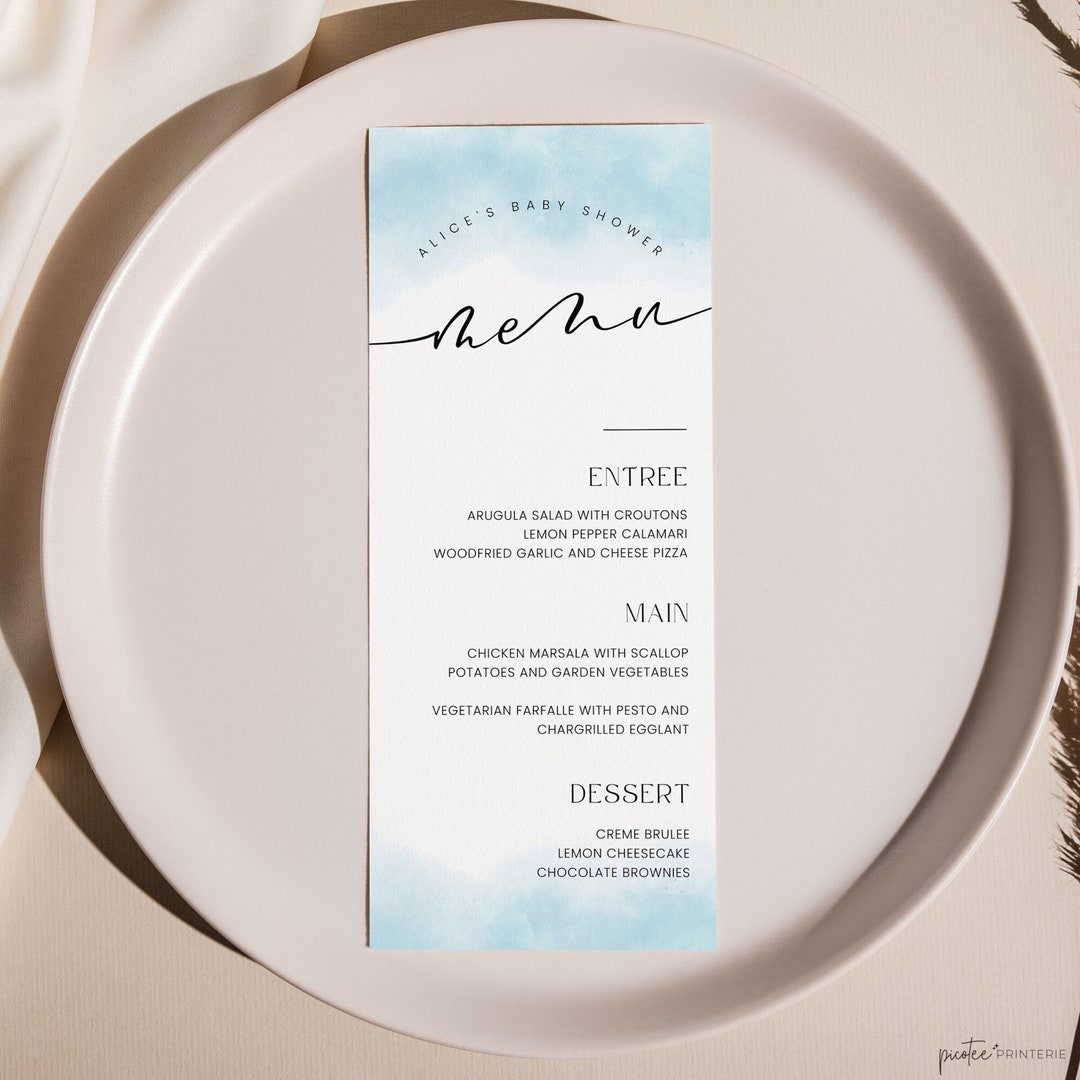 Menu Template Baby Shower, Blue Minimalist Editable Menu Card, Lunch ...