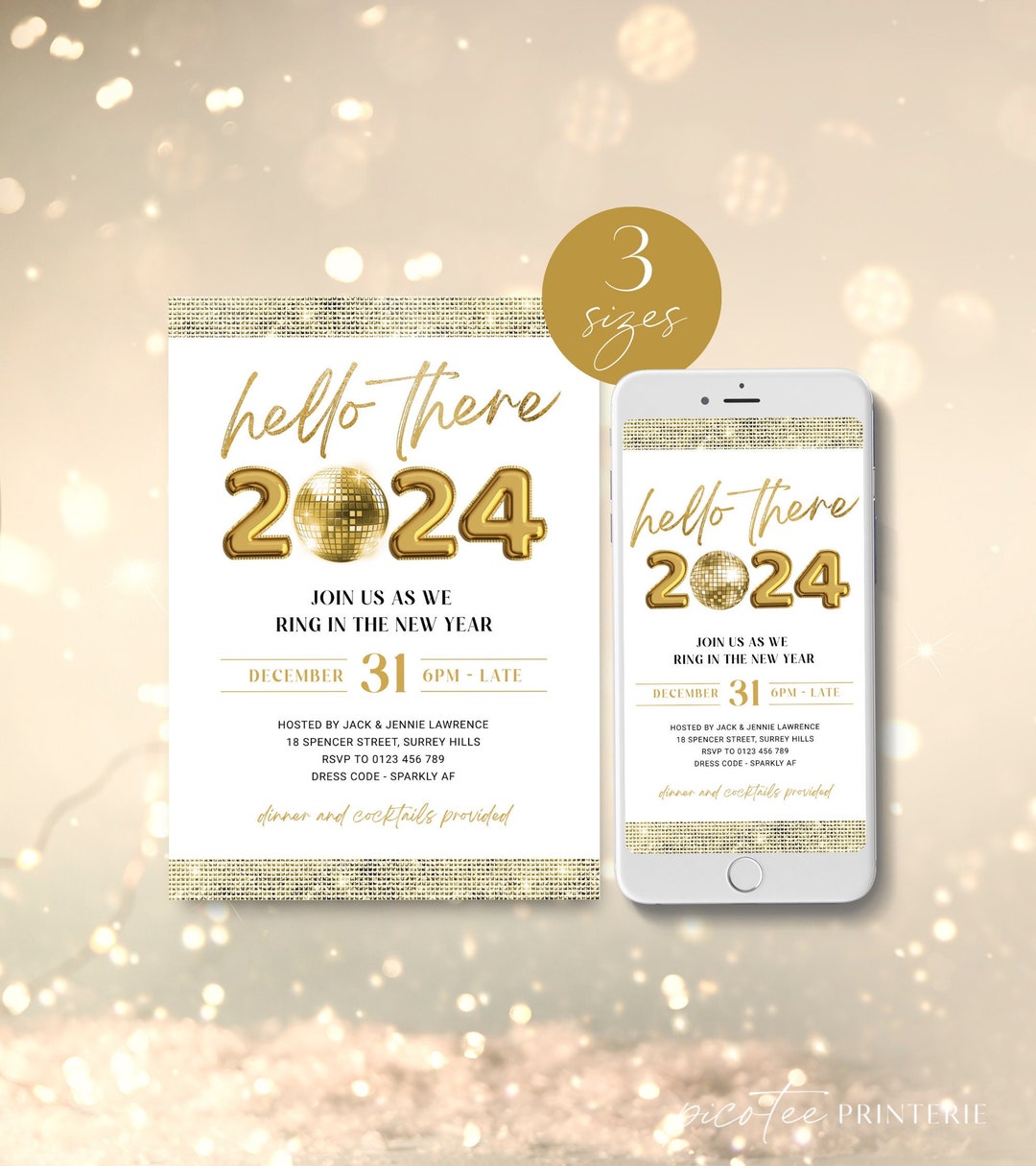 Gold 2024 New Years Eve Invitation Template, Printable Hello There 2024 ...
