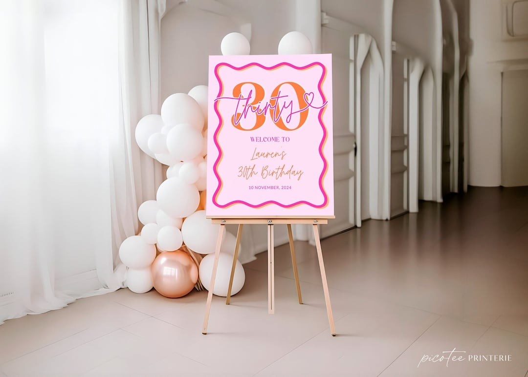 Wavy Border Welcome Sign 30th Birthday for Her, Pink Orange Scalloped ...