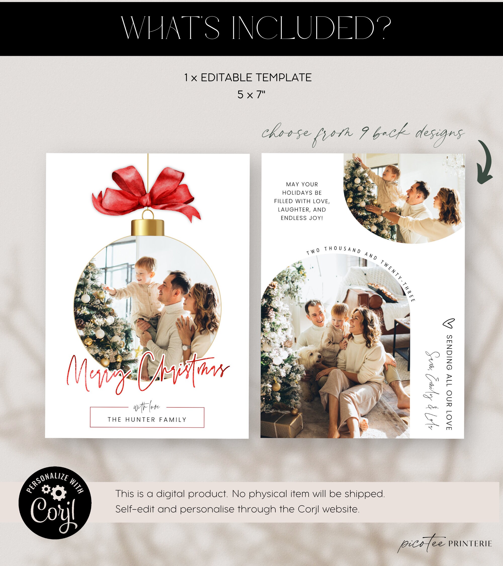 Modern Christmas Photo Card Template, Editable Bauble Merry Christmas ...