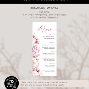 Pink Floral Dinner Menu Card Printable Template, Modern Flowers ...