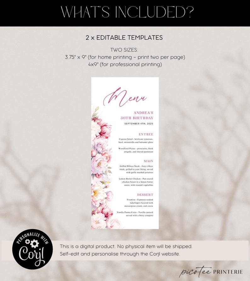 Pink Floral Dinner Menu Card Printable Template, Modern Flowers ...
