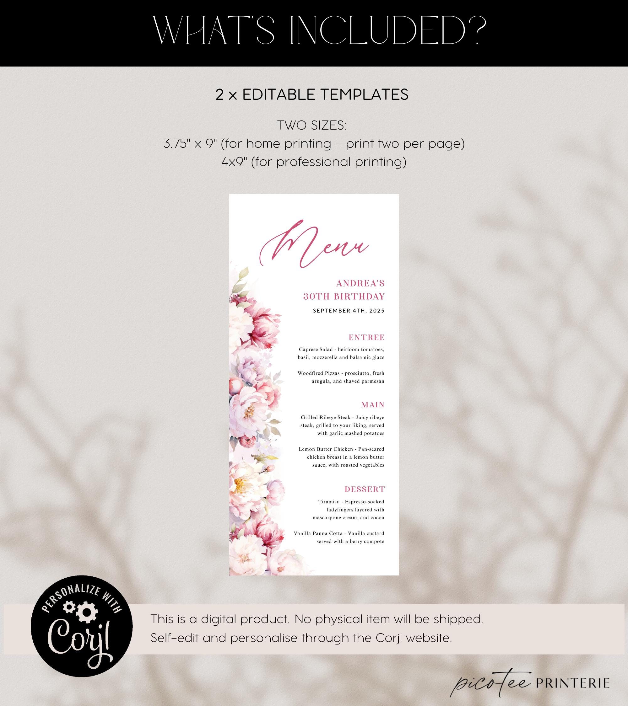 Pink Floral Dinner Menu Card Printable Template, Modern Flowers ...