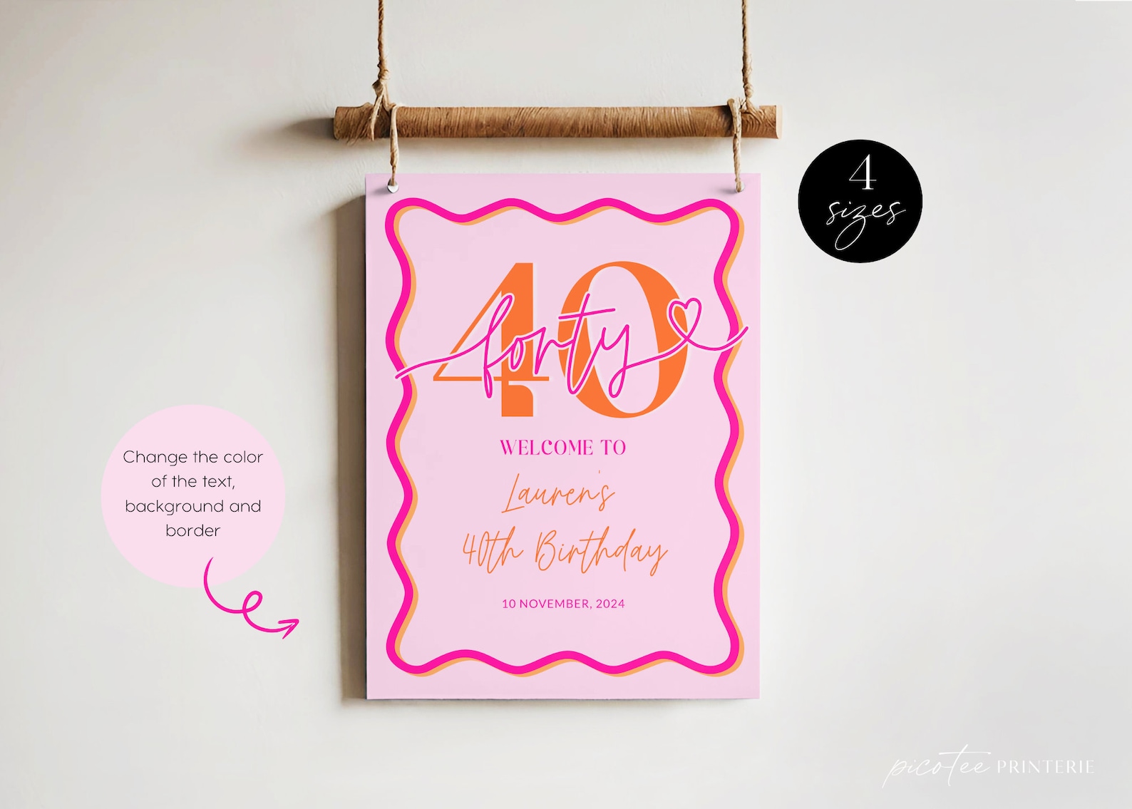 Wavy Border Welcome Sign 40th Birthday for Her, Pink Orange 40th ...