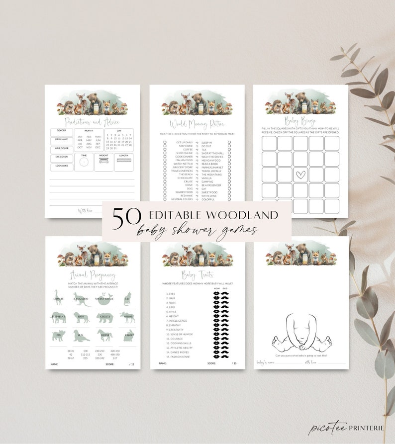 Woodland Baby Shower Game Bundle Printable, Editable Woodland Animal ...