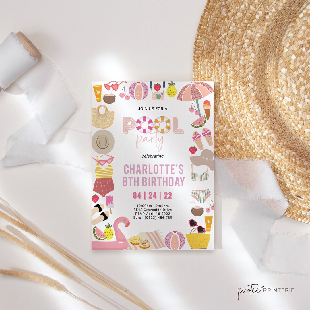 Pool Party Invitation 8th Eighth Birthday, Editable Template, Swimming ...