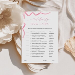 Coquette Pink Bow Celebrity Baby Name Game Template, Girl Baby Shower ...
