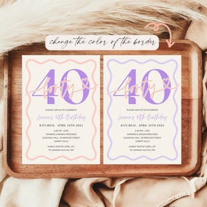 Wavy Border 40th Birthday Invitation Women, Purple Scalloped 40th Party ...