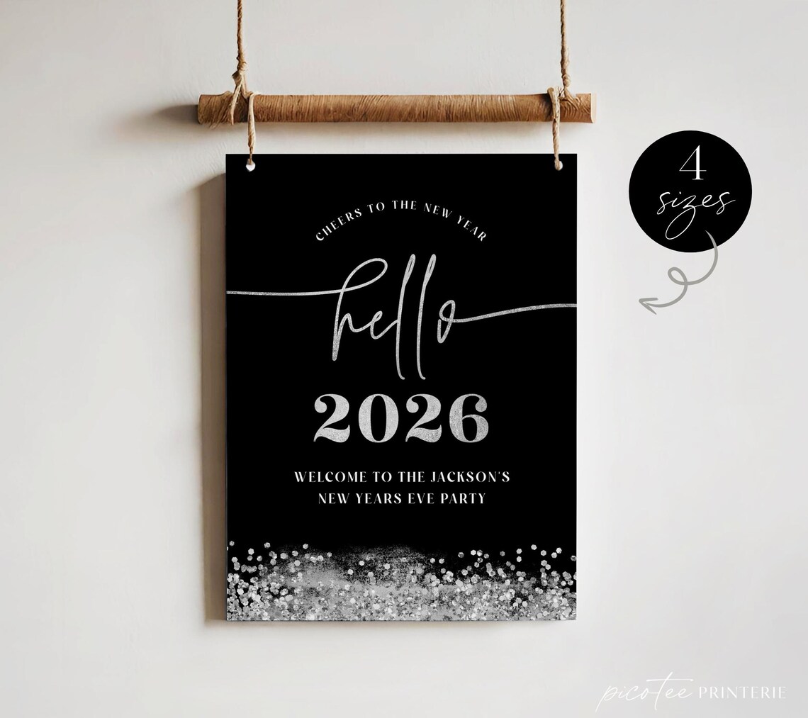Silver New Years Welcome Sign Hello 2026 Template, NYE Welcome Poster ...