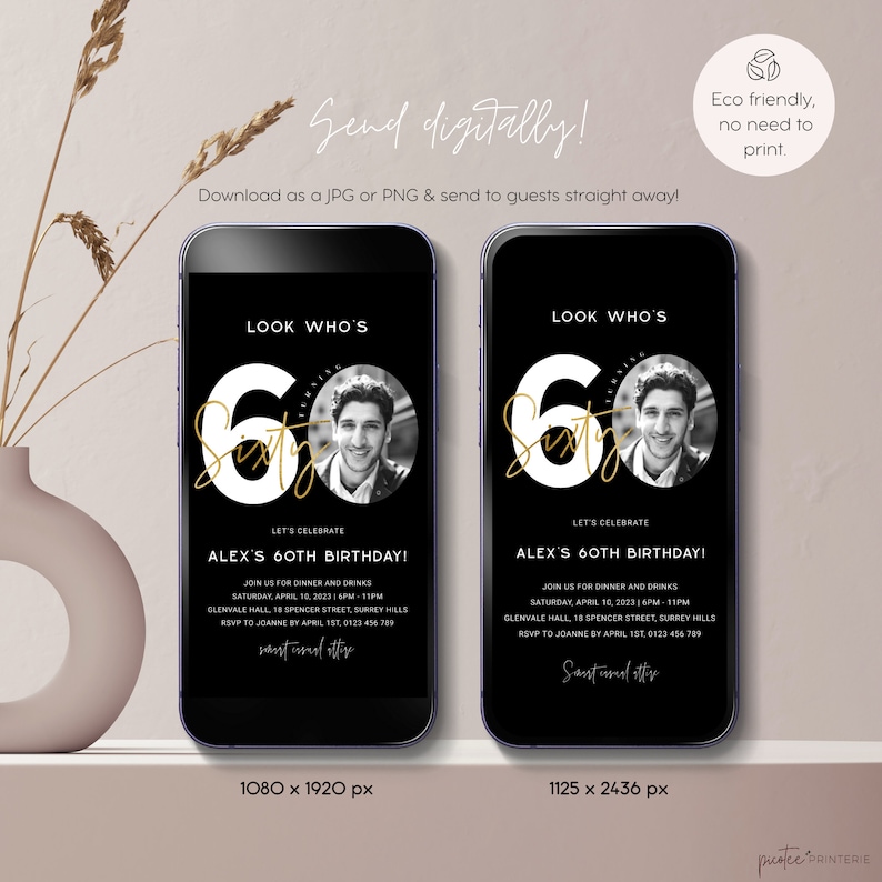 60th Birthday Party Invitation With Photo, Minimalist Men Black Gold ...