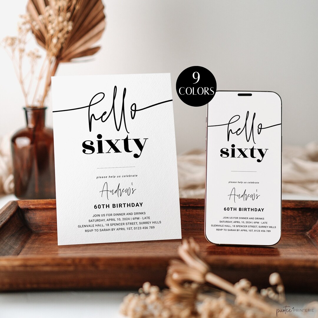 60th Birthday Party Invitation for Him, Hello Sixty Invitation Template ...
