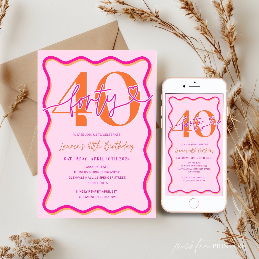 Pink Wavy Border 40th Birthday Invitation Women, Scalloped 40th Party ...