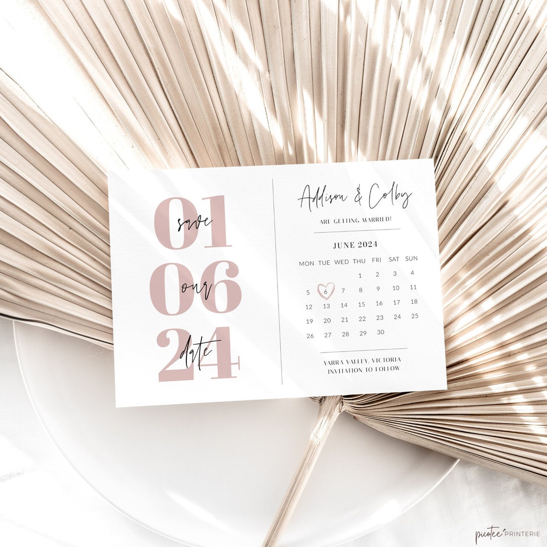 Minimal Save the Date Calendar Printable, Rose Gold Wedding Save Our ...